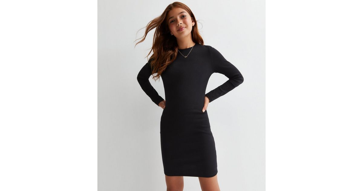 Girls Black Ribbed Long Sleeve Mini Dress | New Look