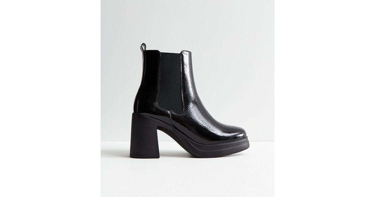 Black Patent Platform Block Heel Chelsea Boots | New Look