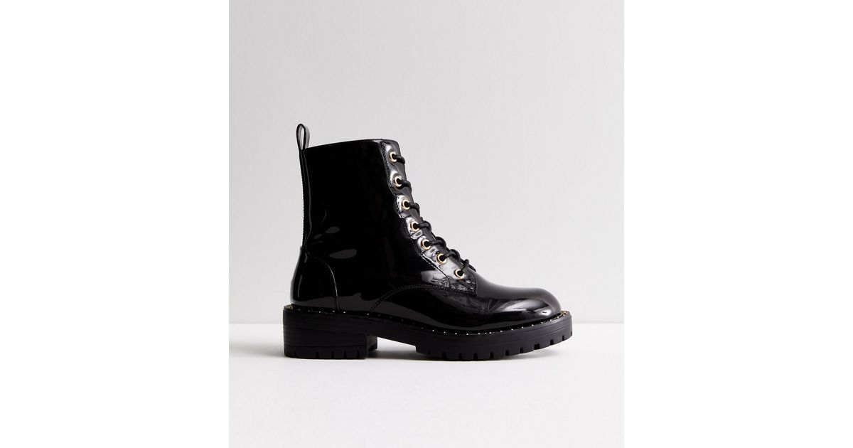 Black Patent Chunky Lace Up Biker Boots | New Look