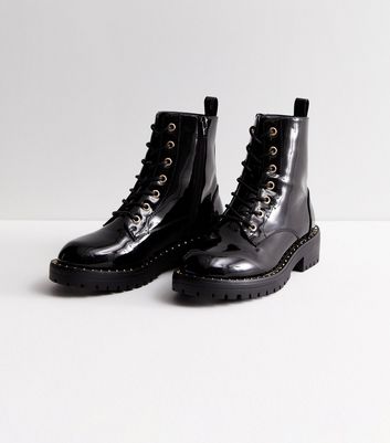 Black Patent Chunky Lace Up Biker Boots | New Look
