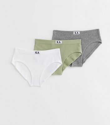 Girls 3 Pack White Grey and Green Seamless Tab Front Briefs | New Look