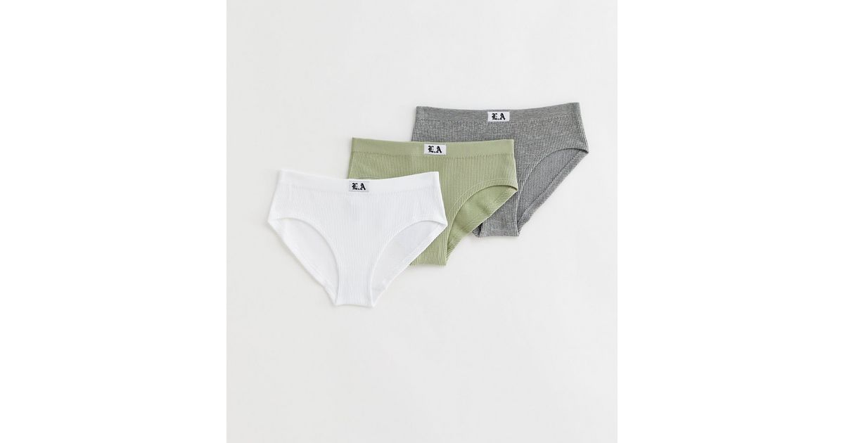 Girls 3 Pack White Grey and Green Seamless Tab Front Briefs | New Look