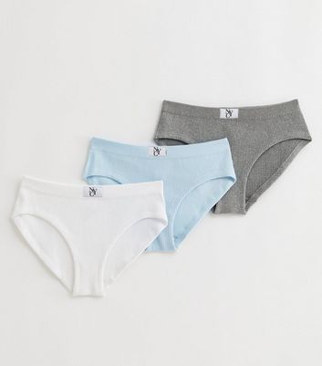 Girls 3 Pack White Grey and Blue Seamless Tab Front Briefs | New Look