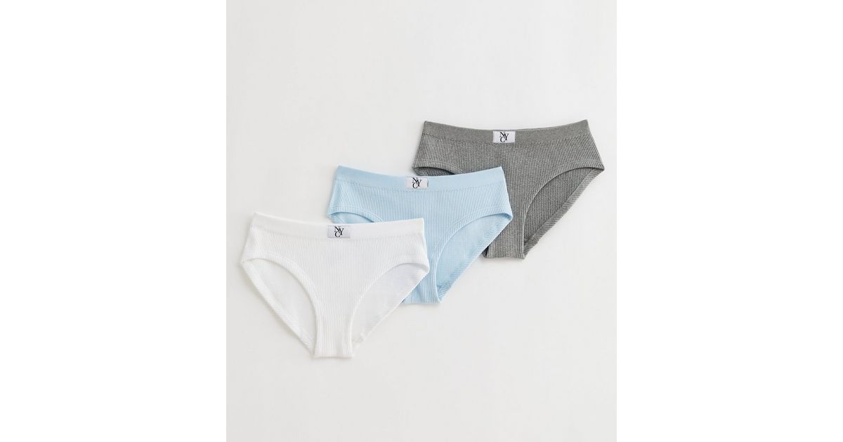 Girls 3 Pack White Grey and Blue Seamless Tab Front Briefs | New Look