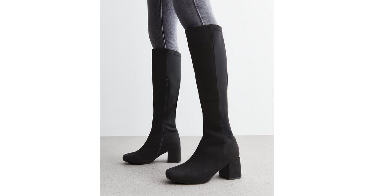 Wide Fit Black Suedette Stretch Block Heel Knee High Boots | New Look