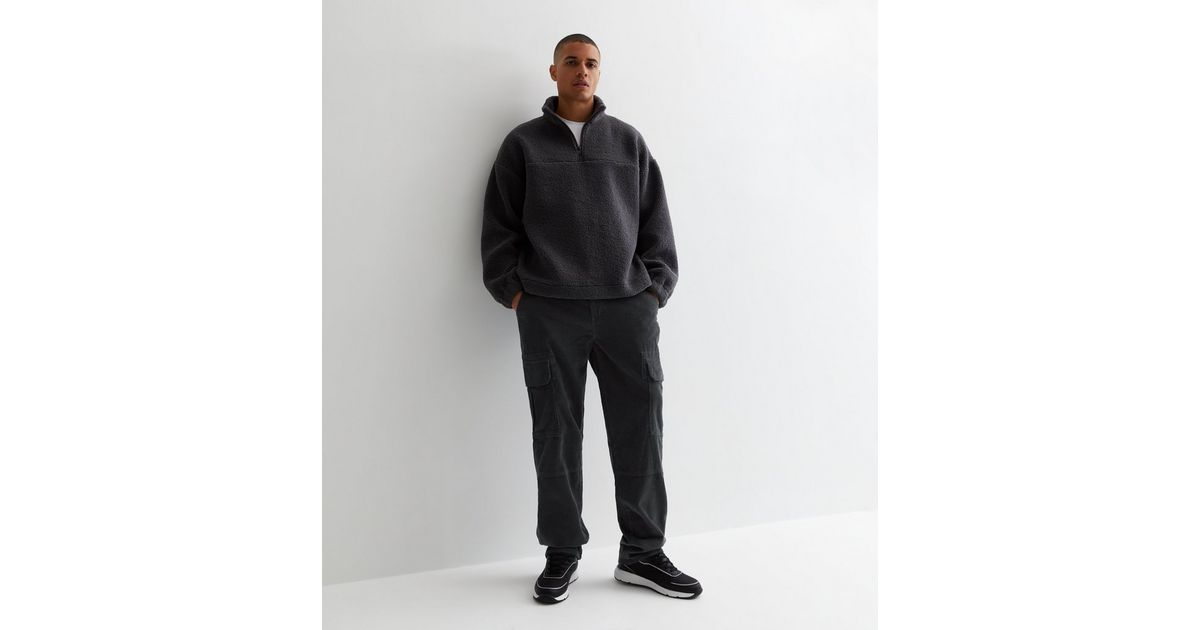 Dark Grey Cord Relaxed Fit Cargo Trousers | New Look