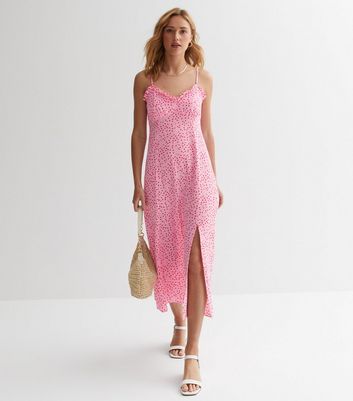 Pink Pattern Frill Strappy Midi Dress | New Look