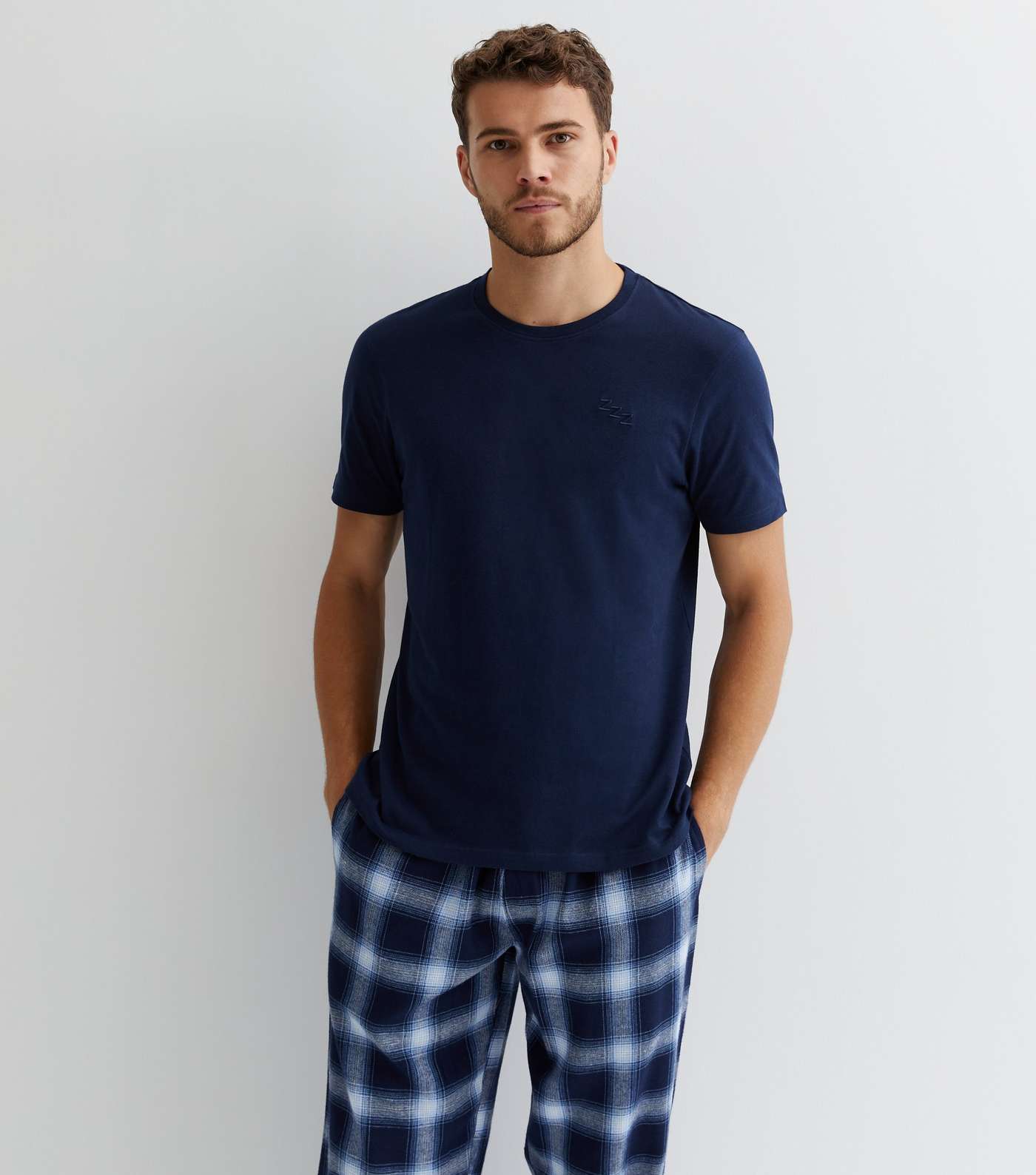 Navy Cotton Jogger Pyjama Set With Check Print New Look