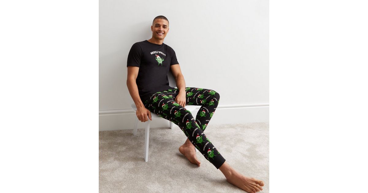 Black Cotton Cuffed Jogger Pyjama Set With Muscle Sprout Print New Look