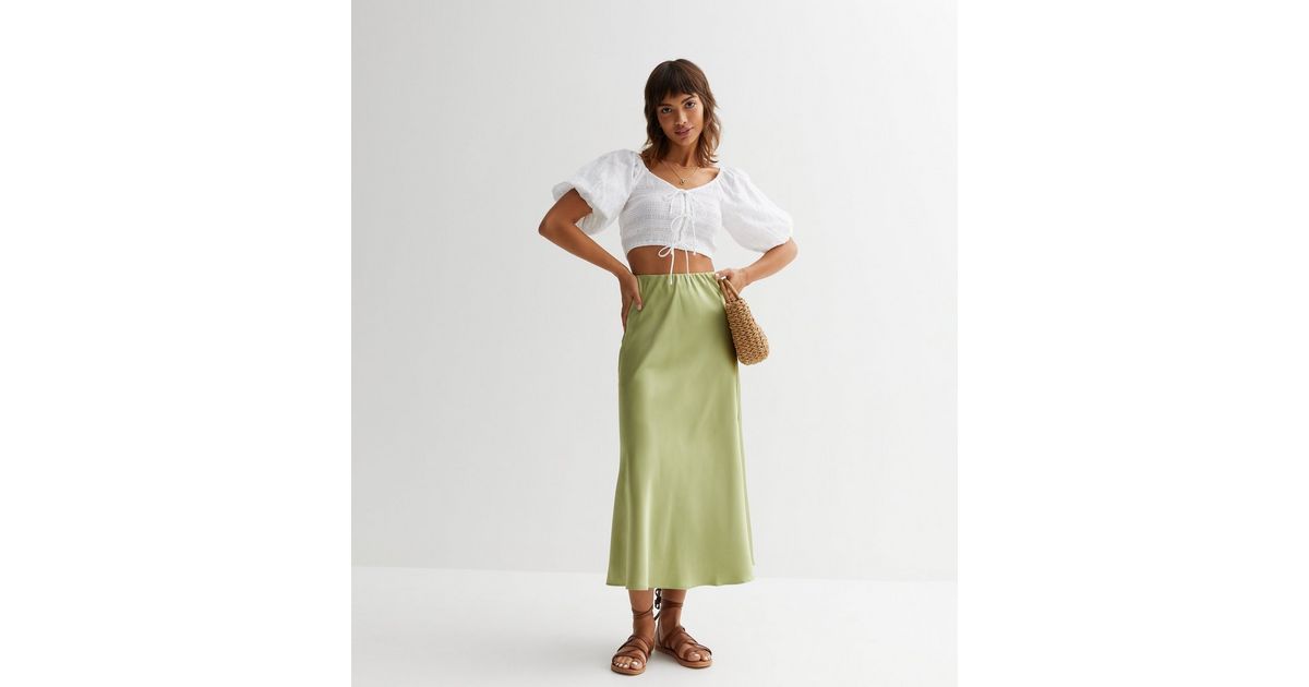 Gini London Light Green Satin Midi Skirt New Look