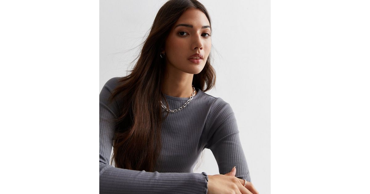 Pale Grey Ribbed Frill Long Sleeve Top | New Look