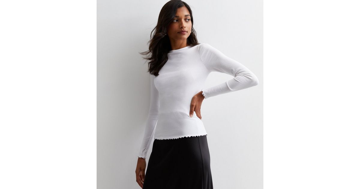 White Ribbed Frill Long Sleeve Top | New Look