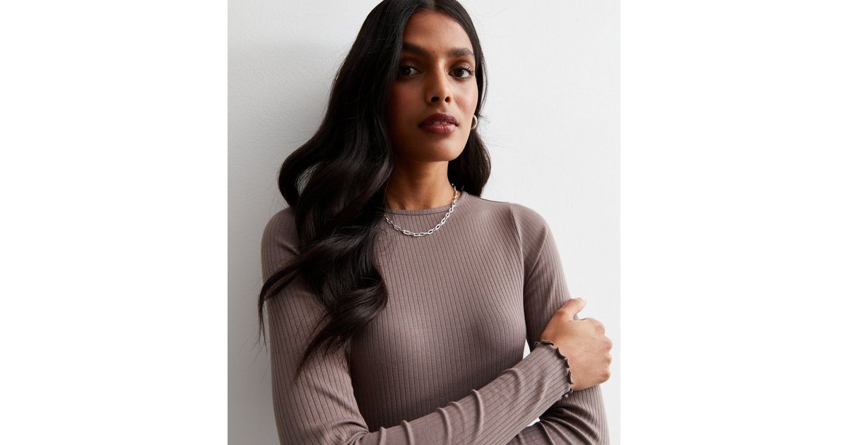 Mink Ribbed Frill Long Sleeve Top | New Look