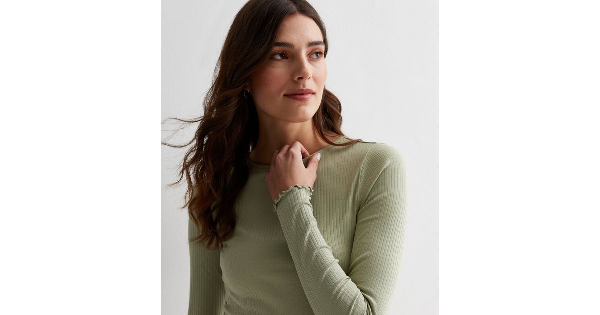 Light Green Ribbed Frill Long Sleeve Top | New Look