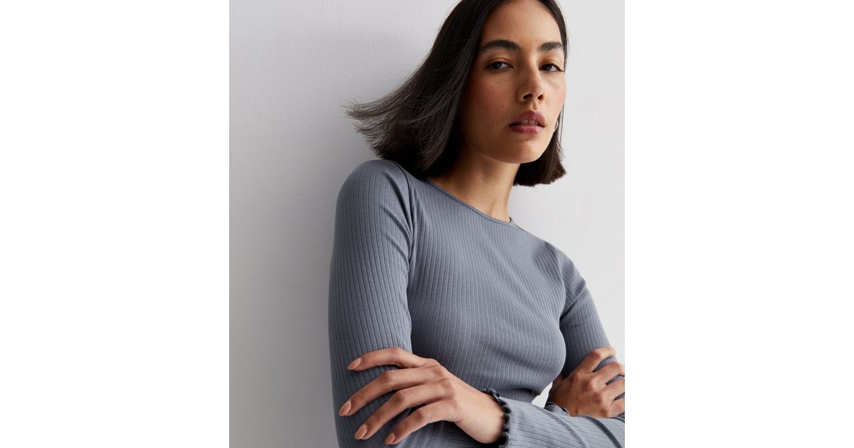 Blue Ribbed Frill Long Sleeve Top | New Look