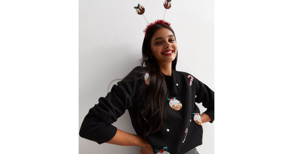 Black Knit Sequin Christmas Pudding Jumper | New Look