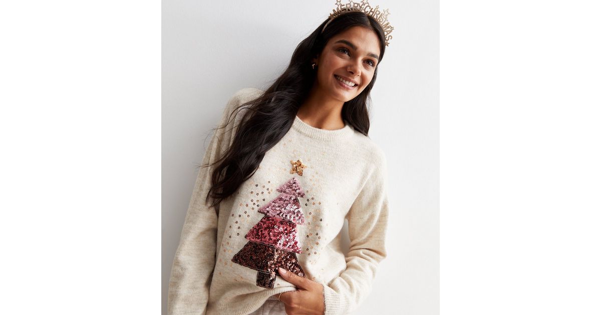 Off White Sequin Knit Christmas Tree Jumper | New Look