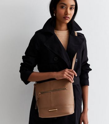 Camel Leather-Look Front Pocket Bucket Bag | New Look