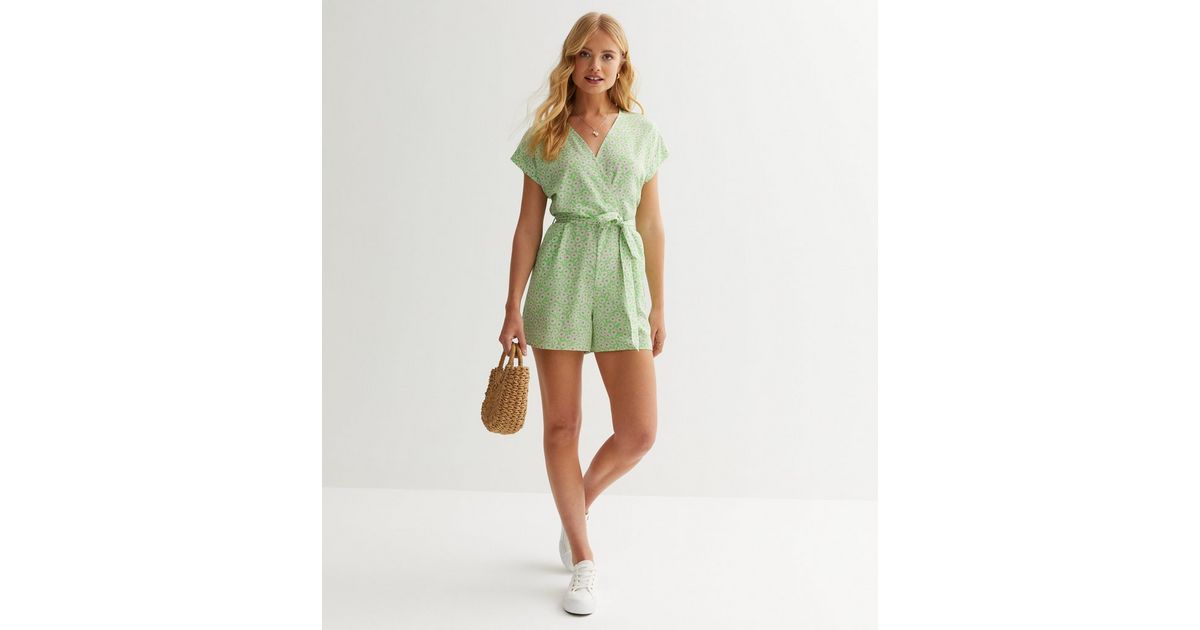 Green Floral V Neck Belted Playsuit | New Look