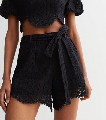 Cameo Rose Black Cotton Broderie High Waist Belted Shorts | New Look