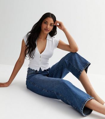 White Ribbed Button Front Crop Top | New Look