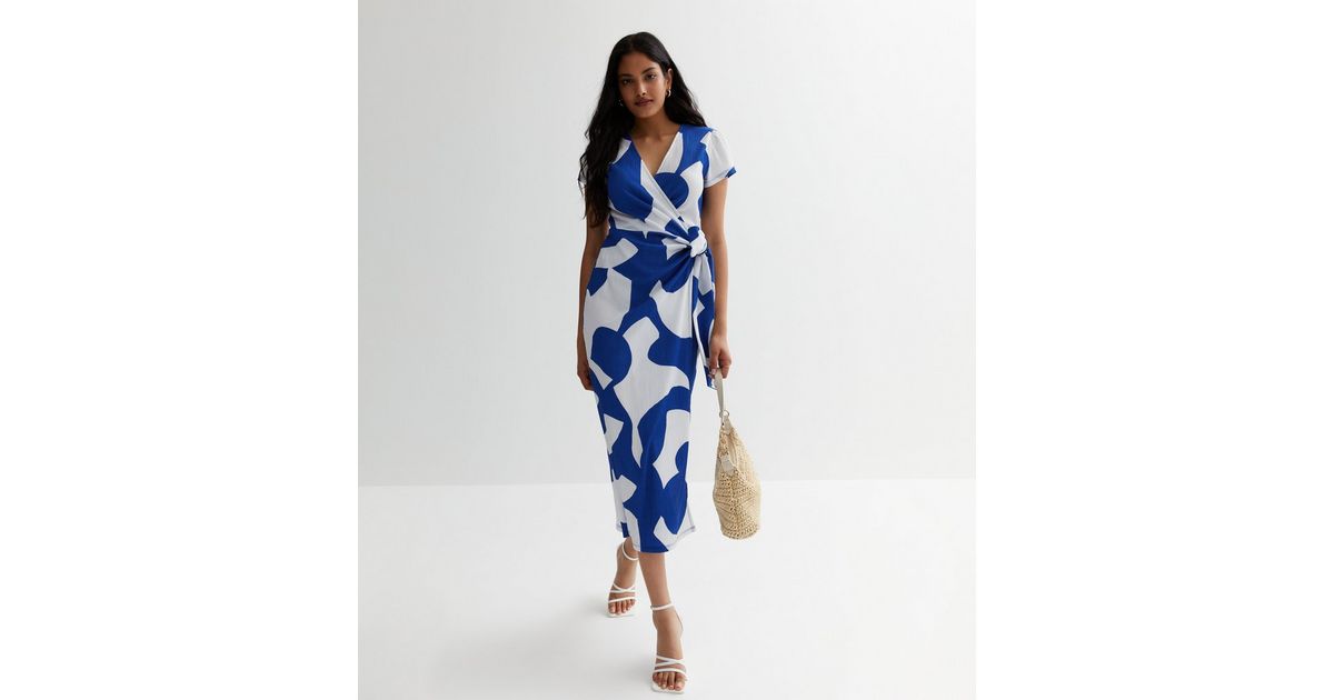 Blue Abstract Wrap Midi Dress | New Look