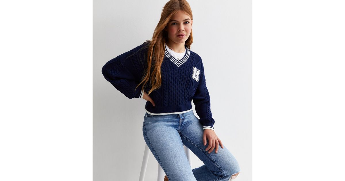 Girls Blue Knit Collegiate V Neck Jumper | New Look