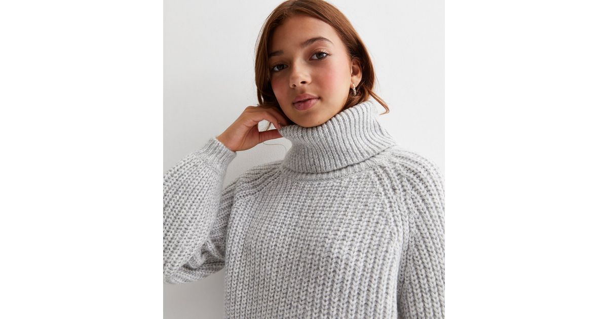 Girls Pale Grey Chunky Knit Roll Neck Longline Jumper | New Look
