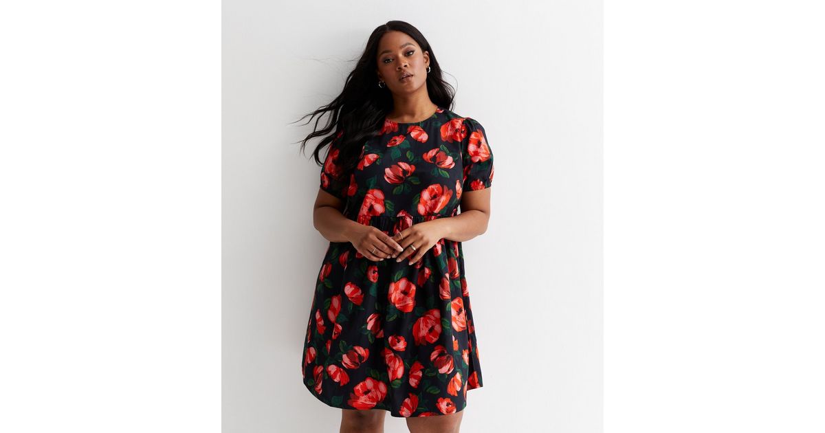 Curves Red Floral Oversized Poplin Mini Dress | New Look