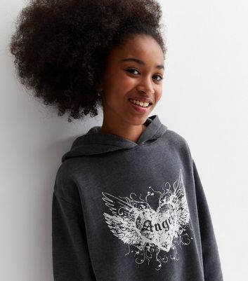 Girls Dark Grey Acid Wash Angel Long Logo Hoodie | New Look
