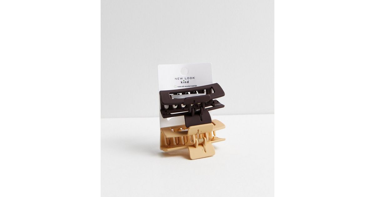 2 Pack Brown and Camel Matte Rectangle Hair Claw Clips | New Look