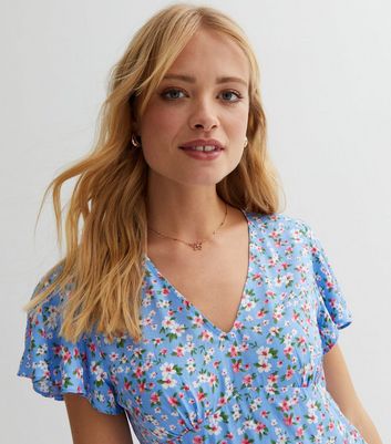 Sunshine Soul Blue Floral Flutter Sleeve Mini Dress | New Look
