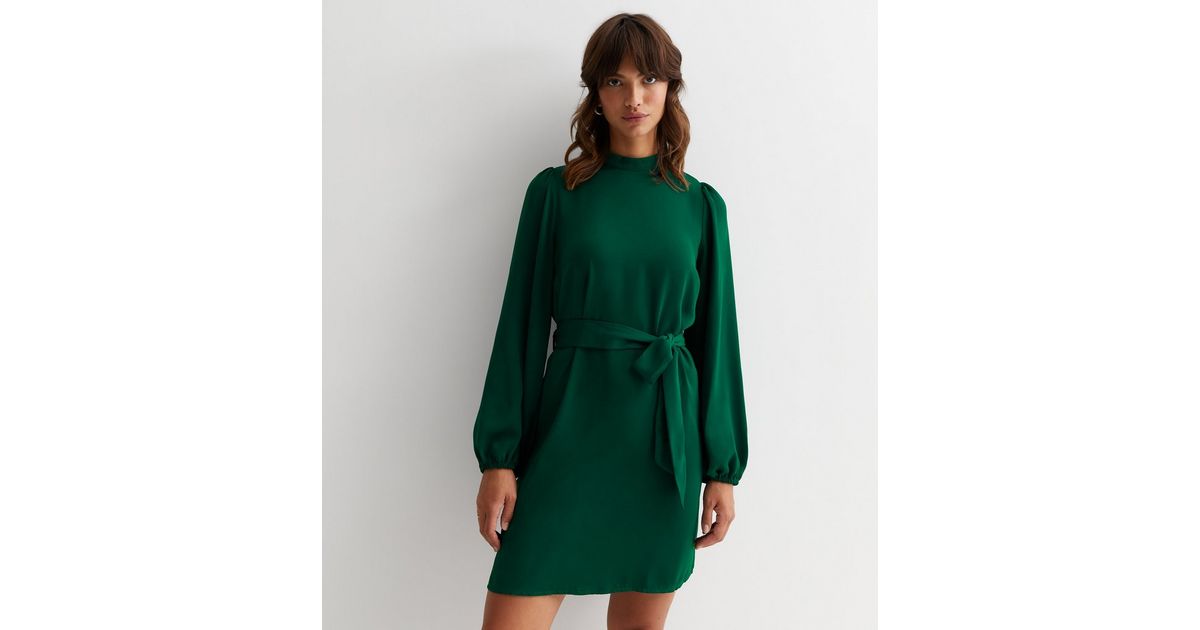 Dark Green High Neck Belted Mini Dress New Look