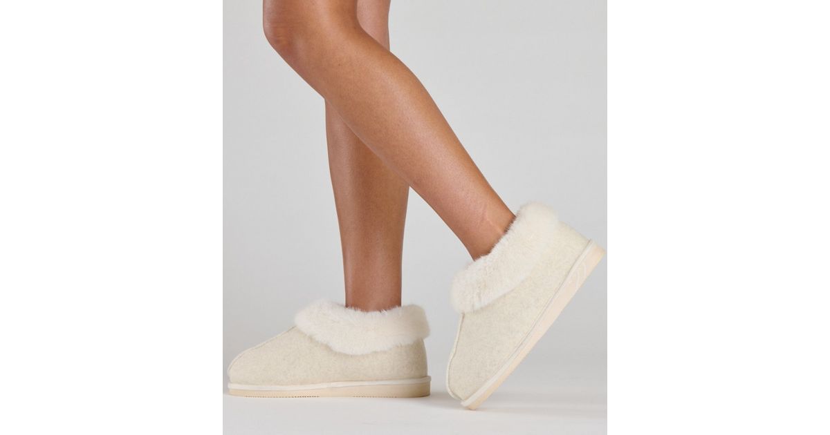 Loungeable Cream Felt Faux Fur Trim Slippers | New Look