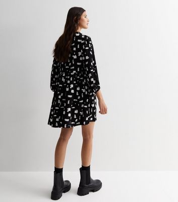 Black Mark Making Crinkle Puff Sleeve Mini Dress | New Look