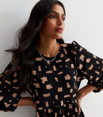 Brown Mark Making Crinkle Puff Sleeve Mini Dress | New Look