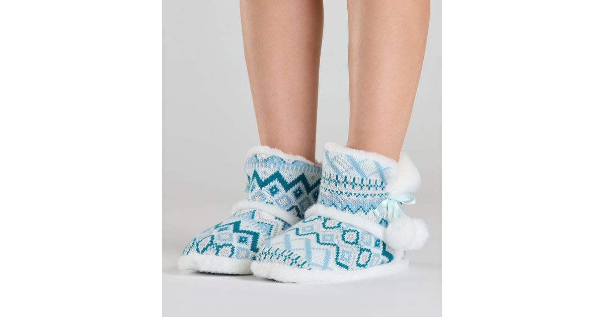 Loungeable Blue Fair Isle Knit Slipper Boots | New Look