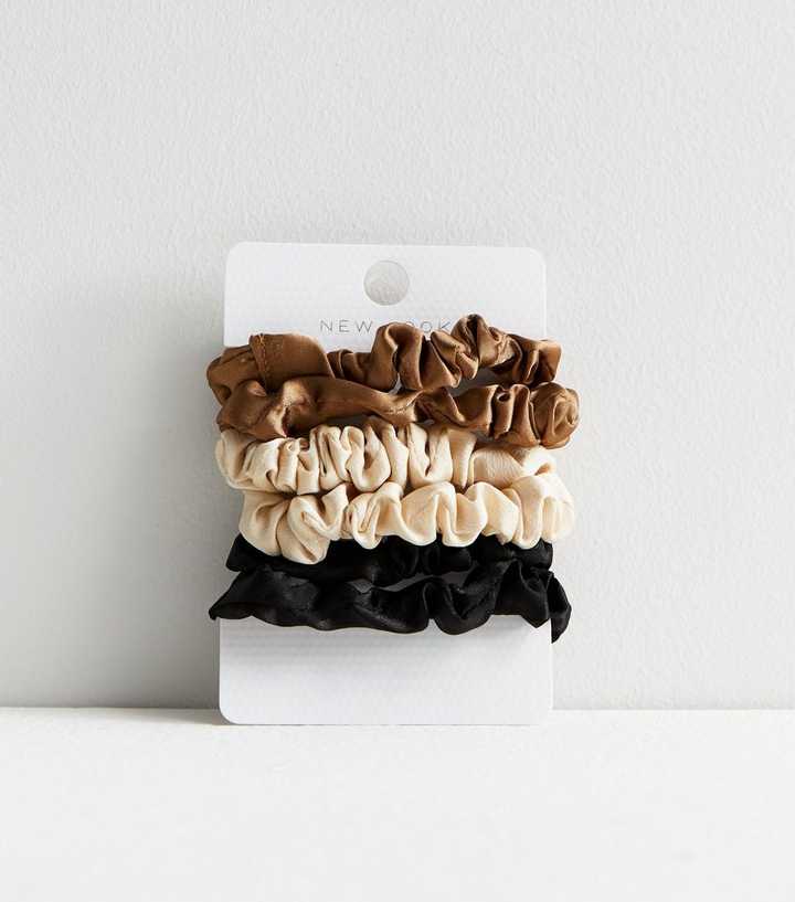 6 Pack of Brown Black and Off White Satin Mini Scrunchies | New Look