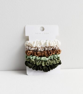 6 Pack of Olive and Brown Satin Mini Scrunchies | New Look