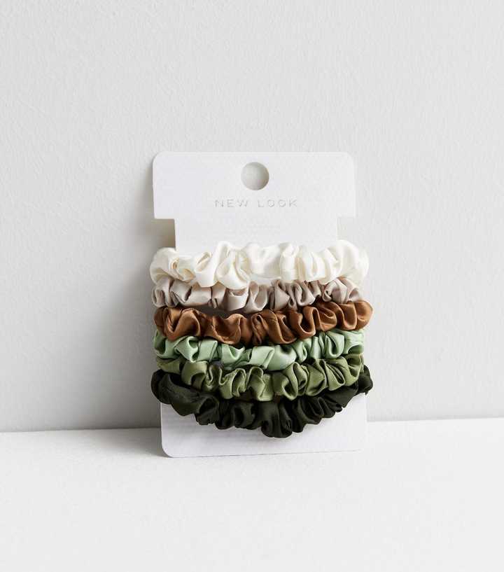 6 Pack of Olive and Brown Satin Mini Scrunchies | New Look
