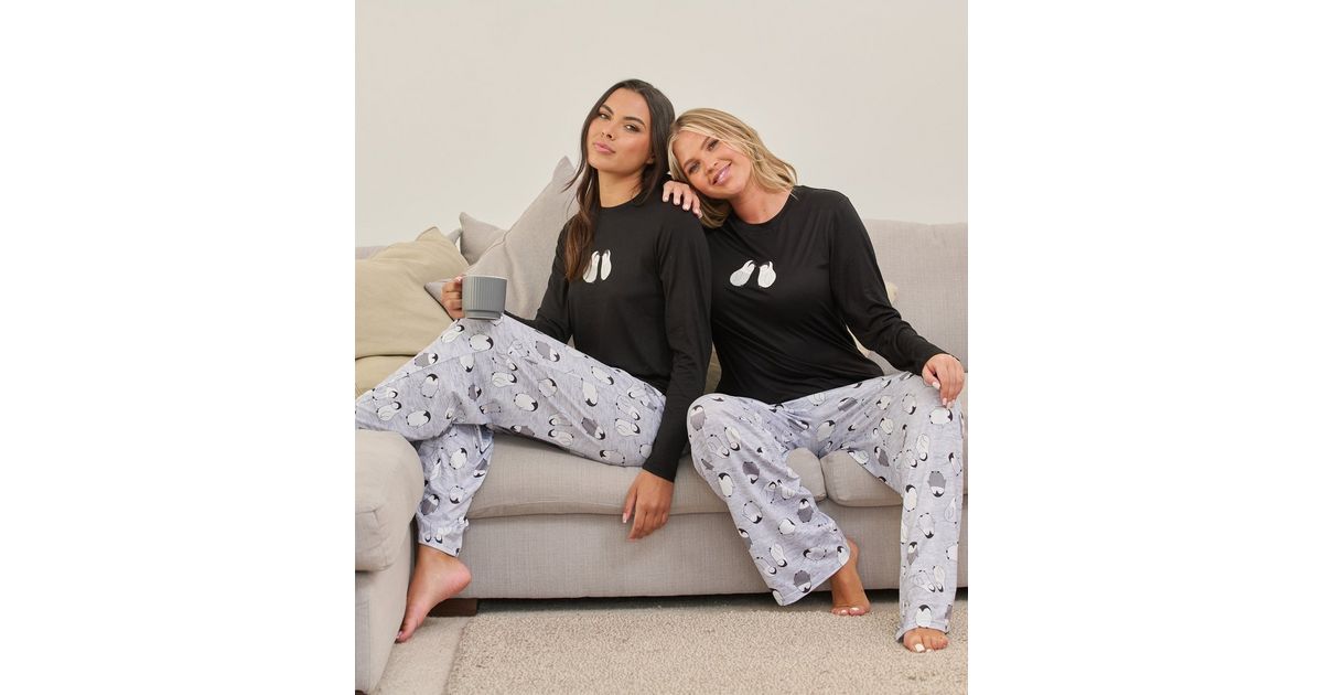 Loungeable Black Trouser Pyjama Set with Penguin Logo | New Look
