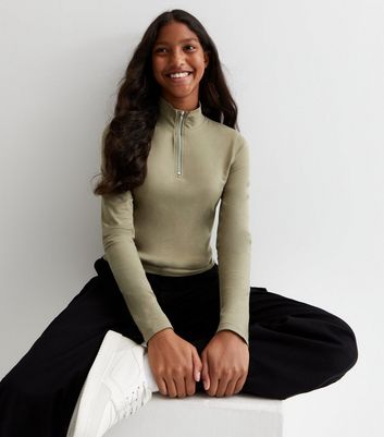 Girls Olive Jersey Zip High Neck Top | New Look