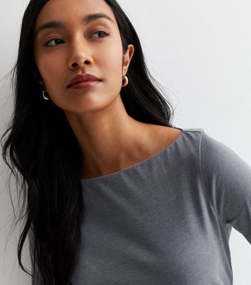 Grey Slash Neck Long Sleeve Top | New Look