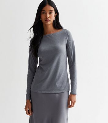 Grey Slash Neck Long Sleeve Top | New Look