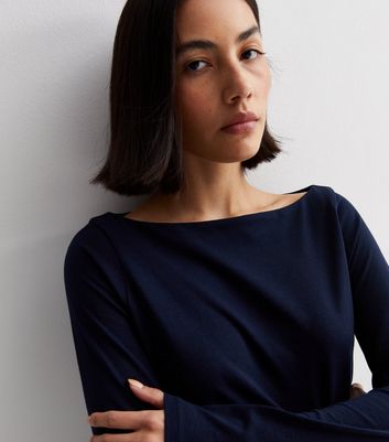 Navy Slash Neck Long Sleeve Top | New Look