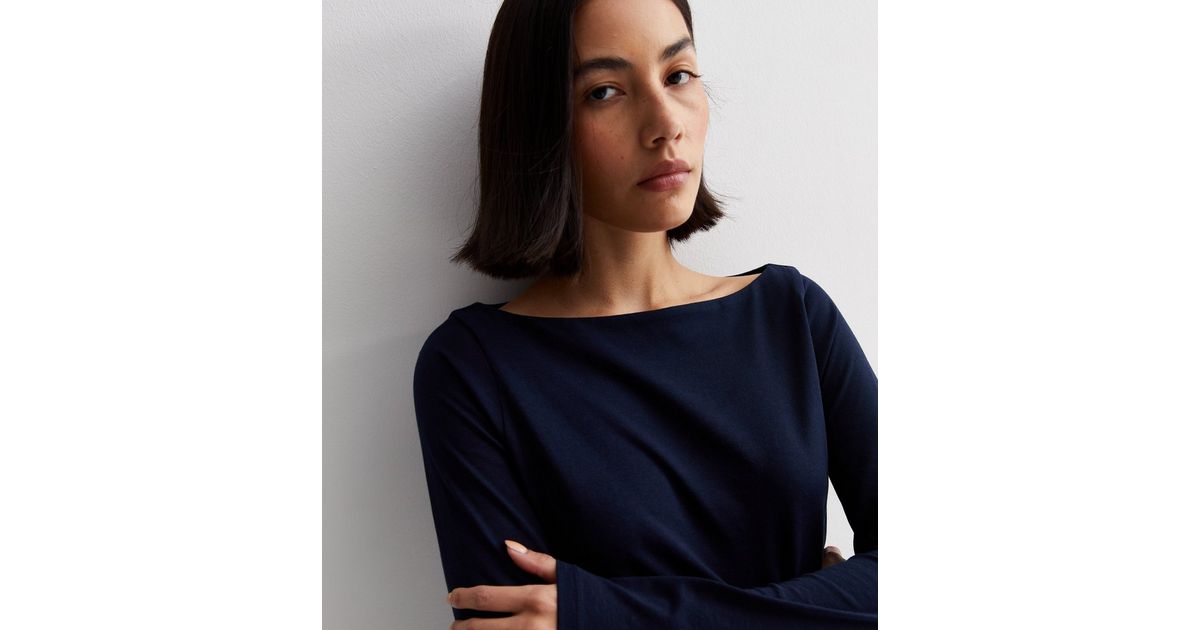 Navy Slash Neck Long Sleeve Top | New Look