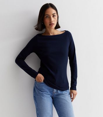 Navy Slash Neck Long Sleeve Top | New Look