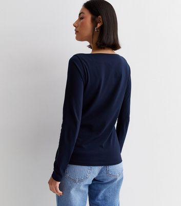 Navy Slash Neck Long Sleeve Top | New Look