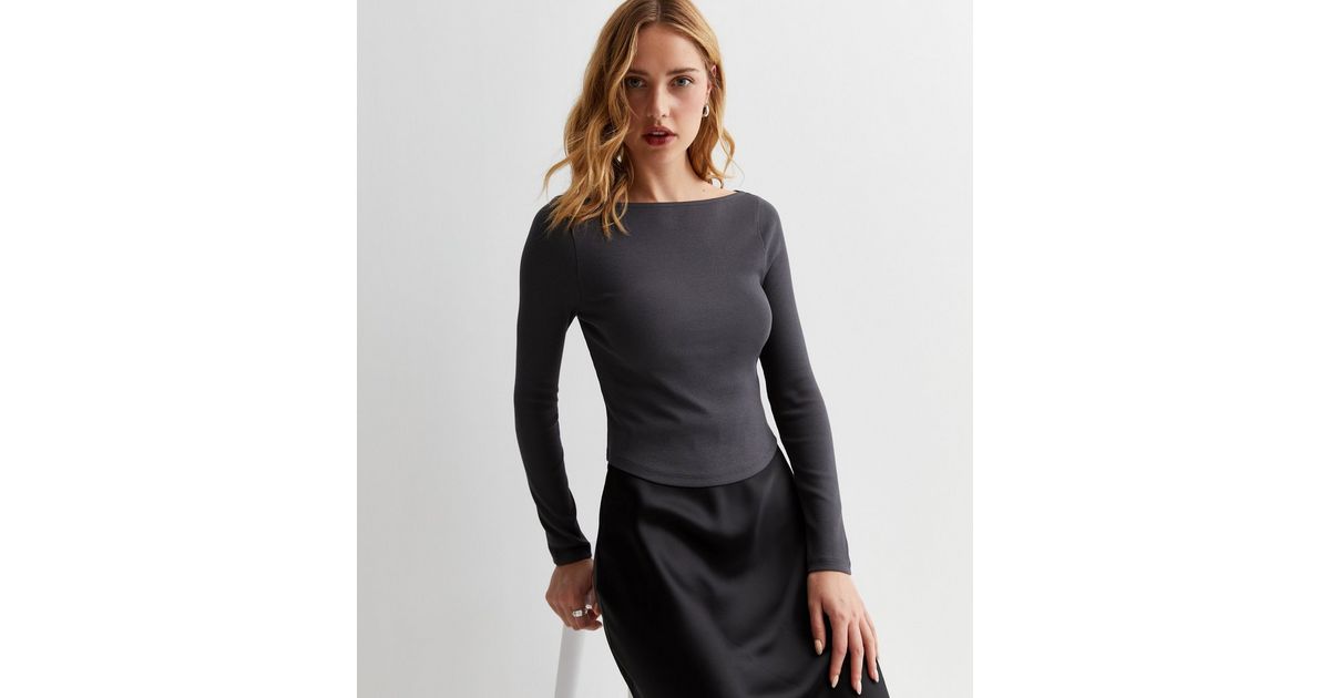Dark Grey Ribbed Slash Neck Top | New Look