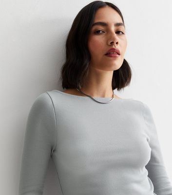 Grey Ribbed Slash Neck Top | New Look